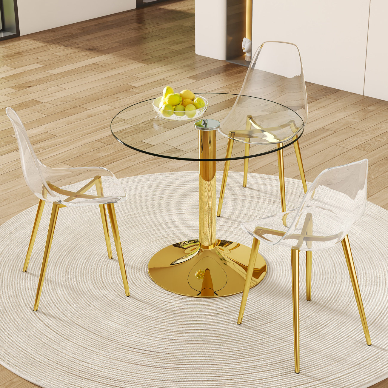 Mercer41 Table And Chair Set.A 35" Transparent Tempered Glass Round Dining Table-Golden Metal ...